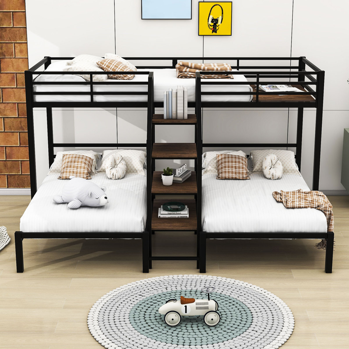 Harriet Bee Habibe Twin Over Twin & Twin Metal Triple Bunk Bed with Storage Shelves Staircase ...